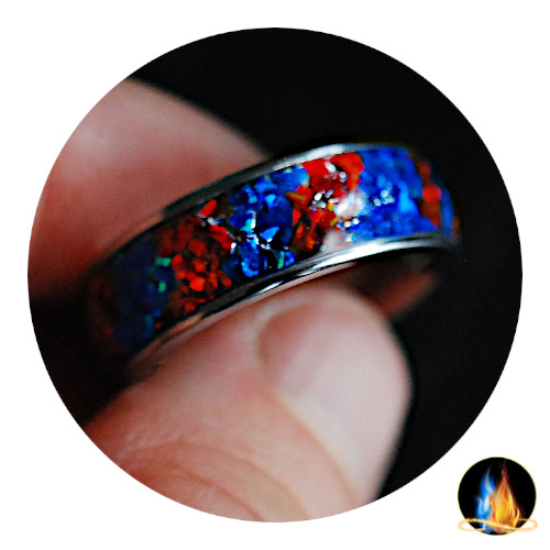 Titanium Twin Flame Ring Set Red Fire Blue Ice Opal